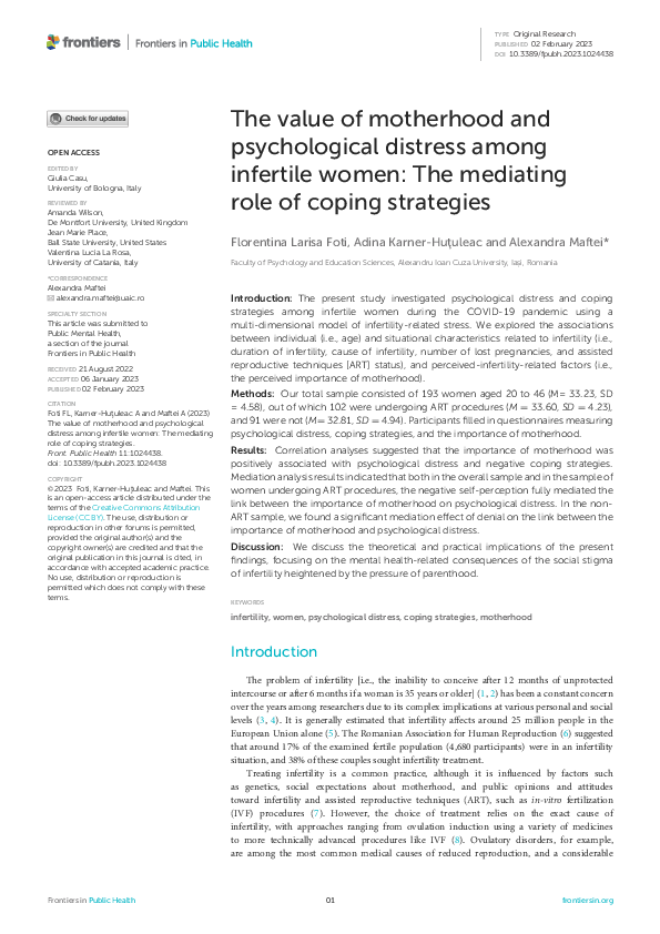 (PDF) The value of motherhood and psychological distress among infertile women: The mediating ...