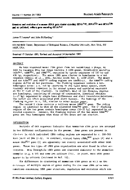 (PDF) Structure and evolution of a mouse tRNA gene cluster encoding ...