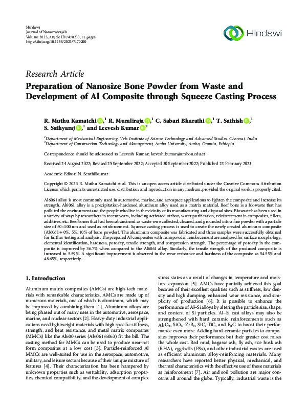 (PDF) Preparation of Nanosize Bone Powder from Waste and Development of Al Composite through ...