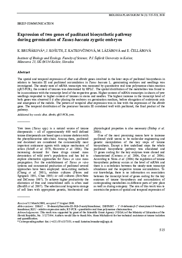(PDF) Expression of two genes of paclitaxel biosynthetic pathway during ...