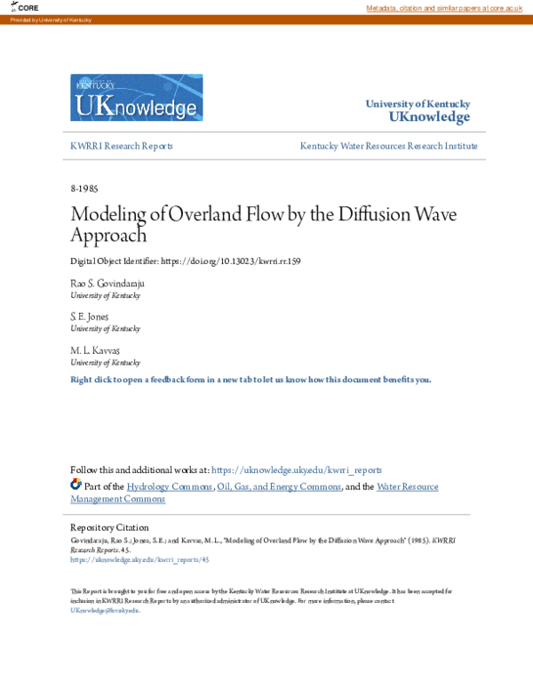 Pdf Modeling Of Overland Flow By The Diffusion Wave Approach Research Report 