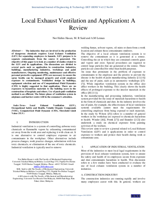 (PDF) Local Exhaust Ventilation and Application: AReview