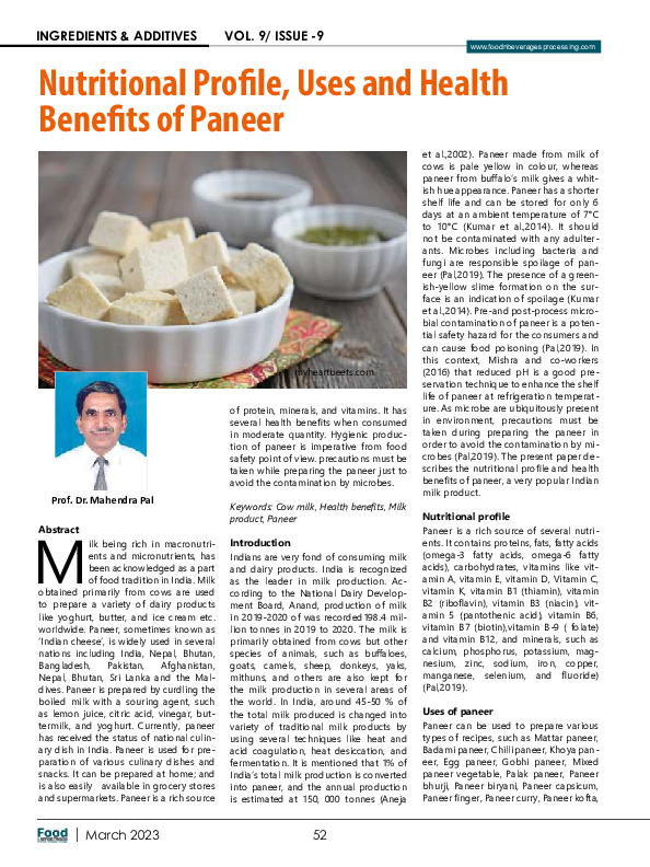 (PDF) Nutritional Profile,Uses and Health Benefits of Paneer