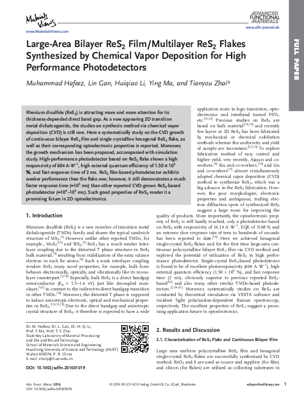 (PDF) Large-Area Bilayer ReS2 Film/Multilayer ReS2 Flakes Synthesized by Chemical Vapor ...