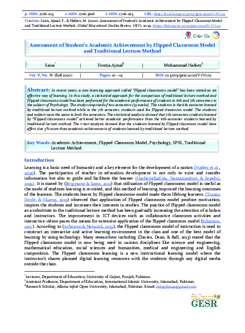(PDF) Assessment of Student's Academic Achievement by Flipped Classroom ...
