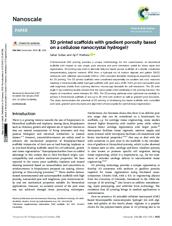 (PDF) 3D printed scaffolds with gradient porosity based on a cellulose nanocrystal hydrogel