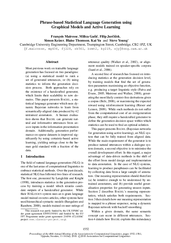 (PDF) Phrase-based statistical language generation using graphical models and active learning