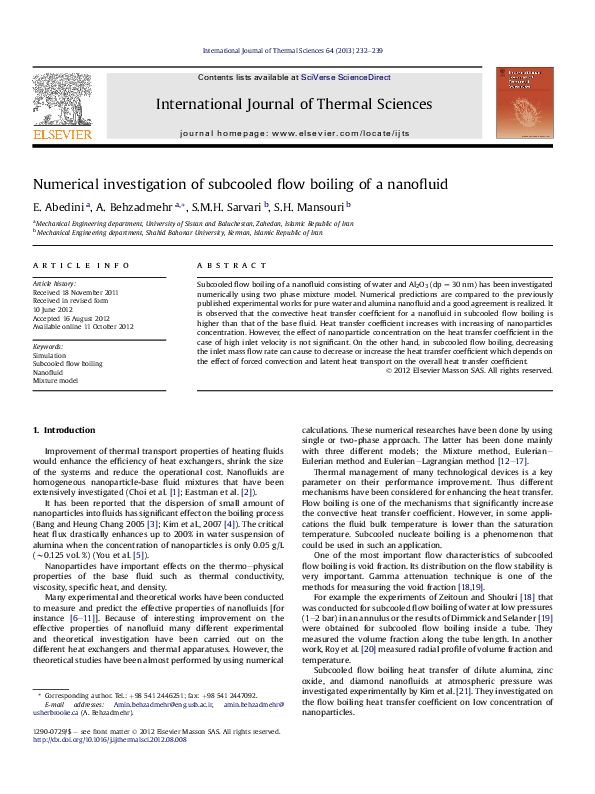 (PDF) Numerical investigation of subcooled flow boiling of a nanofluid | Amin Behzadmehr ...