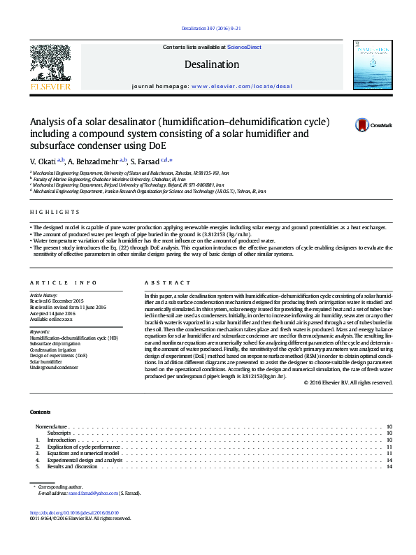 (PDF) Analysis of a solar desalinator (humidification–dehumidification ...
