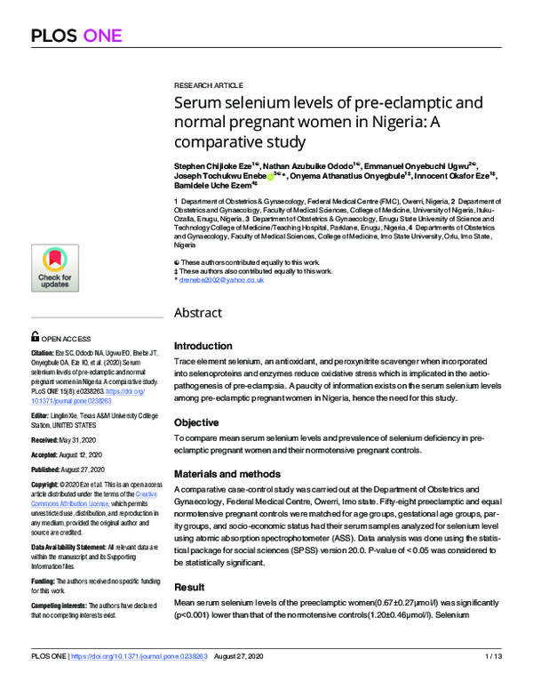 (PDF) Selenium Levels in Pre-eclamptic Pregnancies