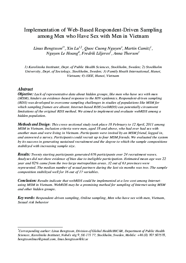Pdf Implementation Of Web Based Respondent Driven Sampling Among Men Who Have Sex With Men In