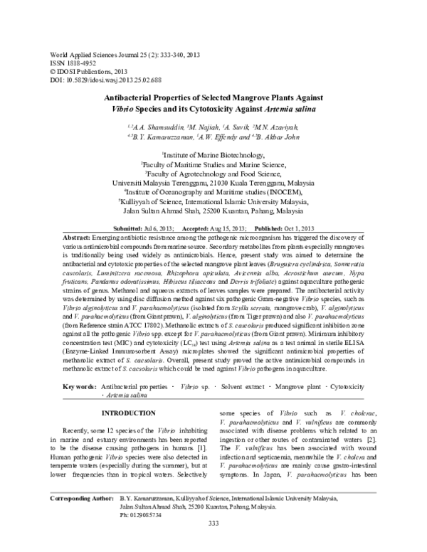 (PDF) Antibacterial Properties of Selected Mangrove Plants Against ...
