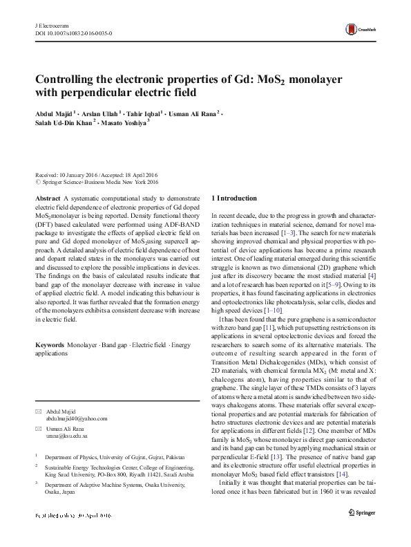 (PDF) Controlling the electronic properties of Gd: MoS2 monolayer with perpendicular electric field