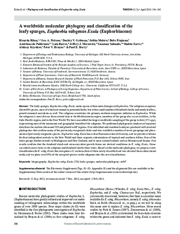 (PDF) A worldwide molecular phylogeny and classification of the leafy ...