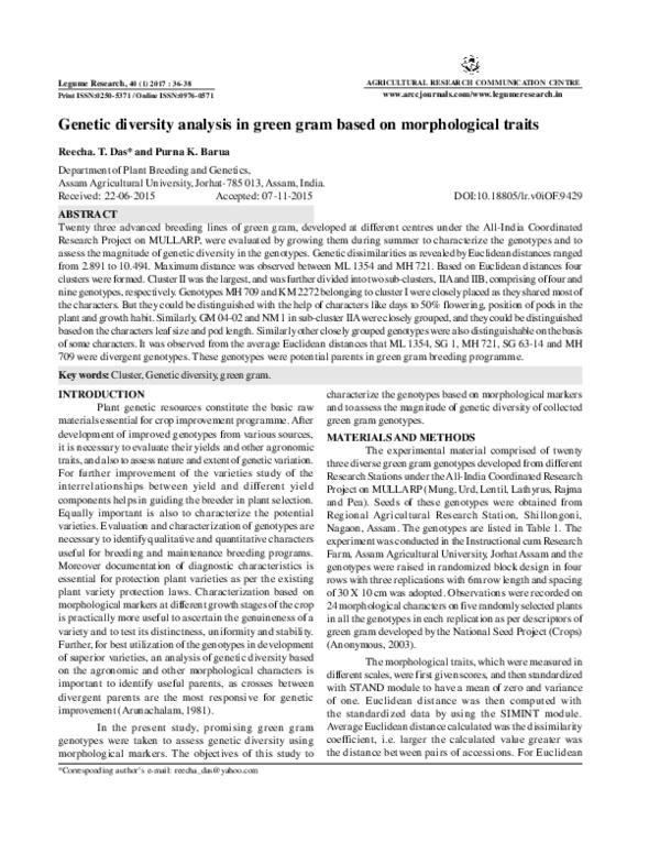 (PDF) Genetic diversity analysis in green gram based on morphological ...