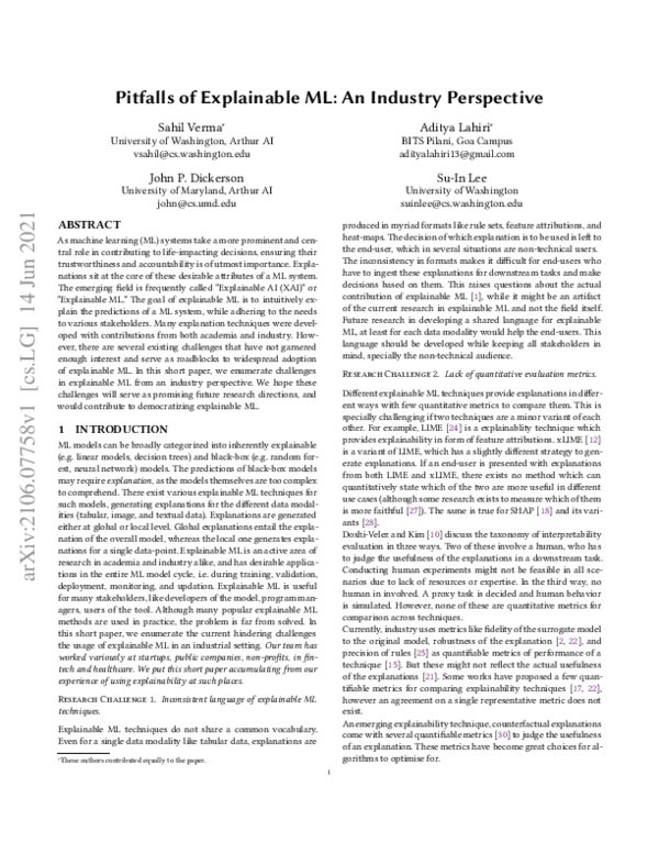 (PDF) Challenges in Explainable ML: An Industry Overview