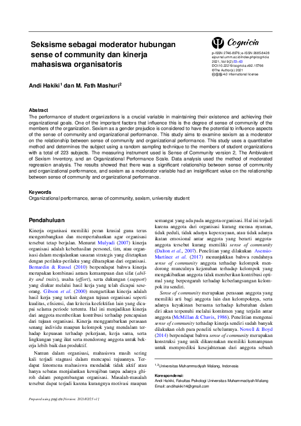(PDF) Seksisme sebagai moderator hubungan sense of community dan ...
