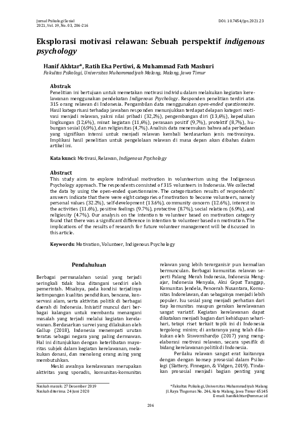 (PDF) Eksplorasi motivasi relawan: Sebuah perspektif indigenous psychology