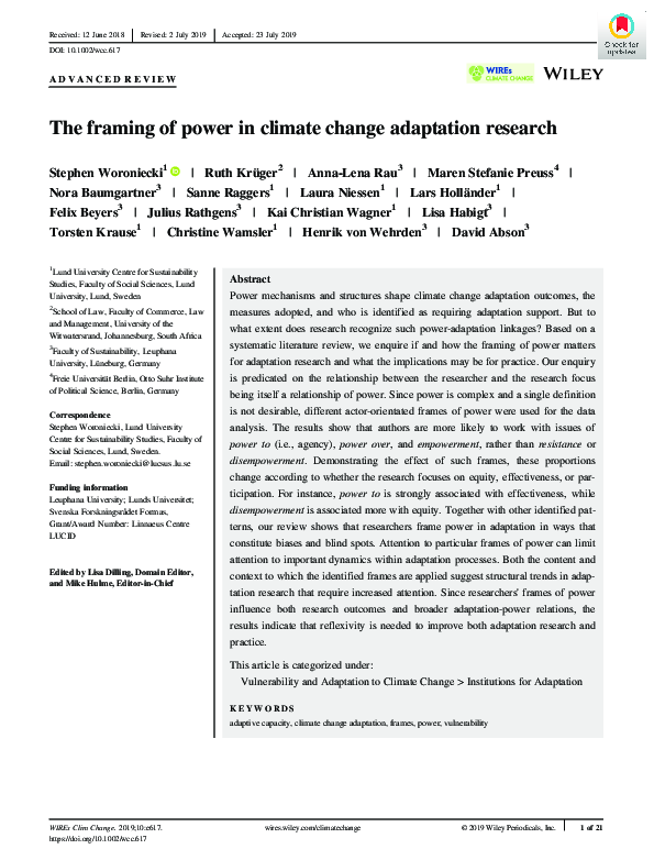 (PDF) The framing of power in climate change adaptation research