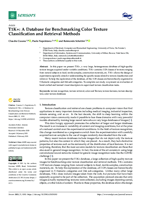 (PDF) T1K+: A Database for Benchmarking Color Texture Classification and Retrieval Methods