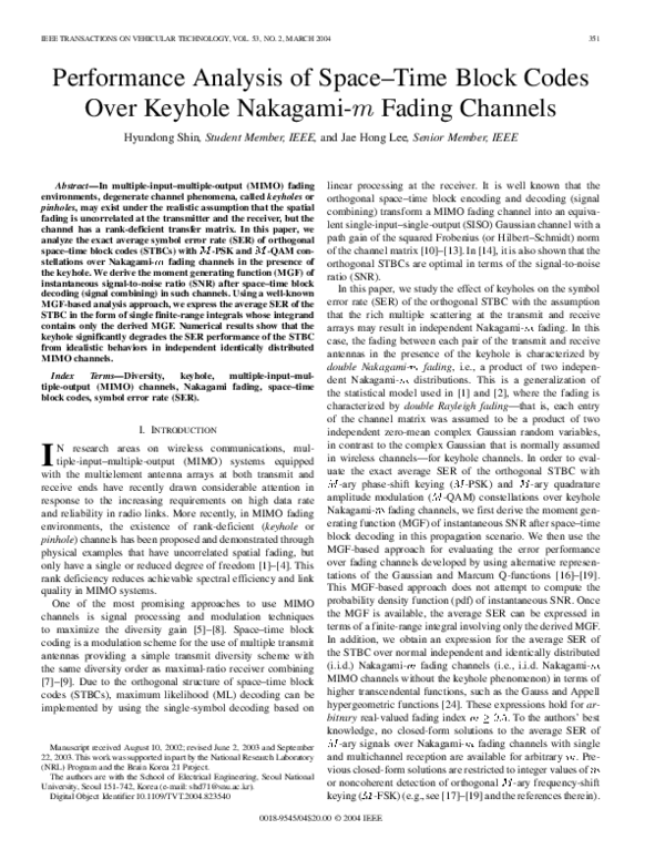 (PDF) Performance Analysis of Space–Time Block Codes Over Keyhole Nakagami- $m$ Fading Channels