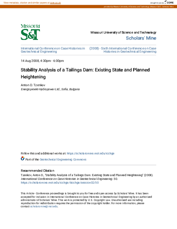 (PDF) Stability Analysis of a Tailings Dam: Existing State and Planned Heightening