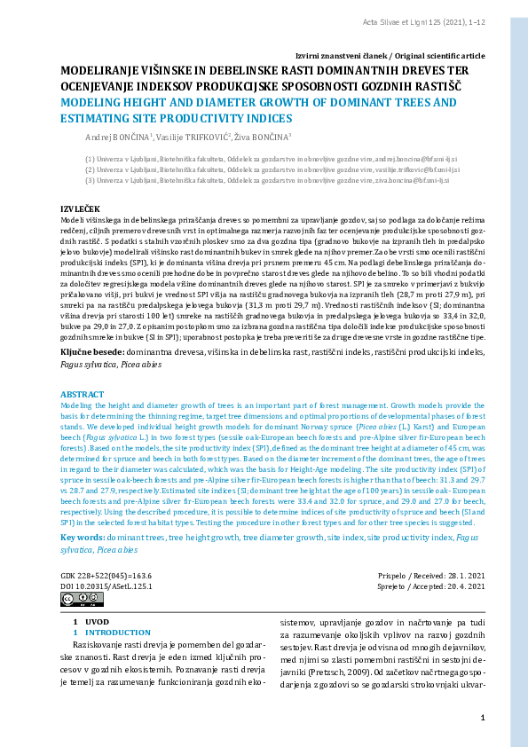 (PDF) Modeliranje višinske in debelinske rasti dominantnih dreves ter ocenjevanje indeksov ...