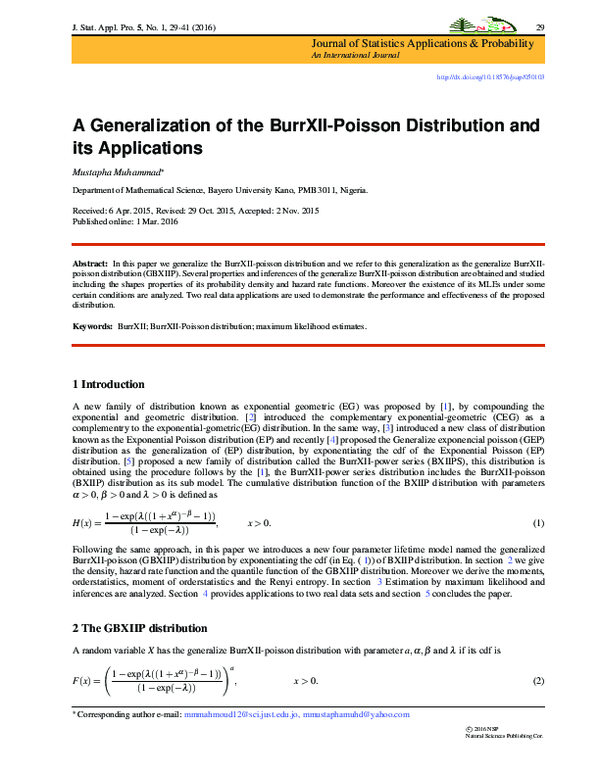 (PDF) A Generalization of the BurrXII-Poisson Distribution and its Applications