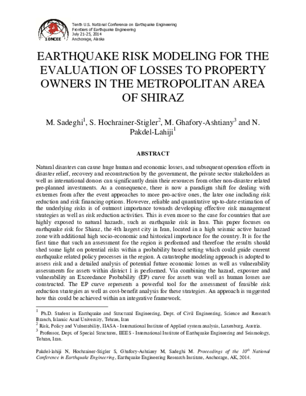 (PDF) Earthquake Risk Modeling For the Evaluation of Losses to Property ...