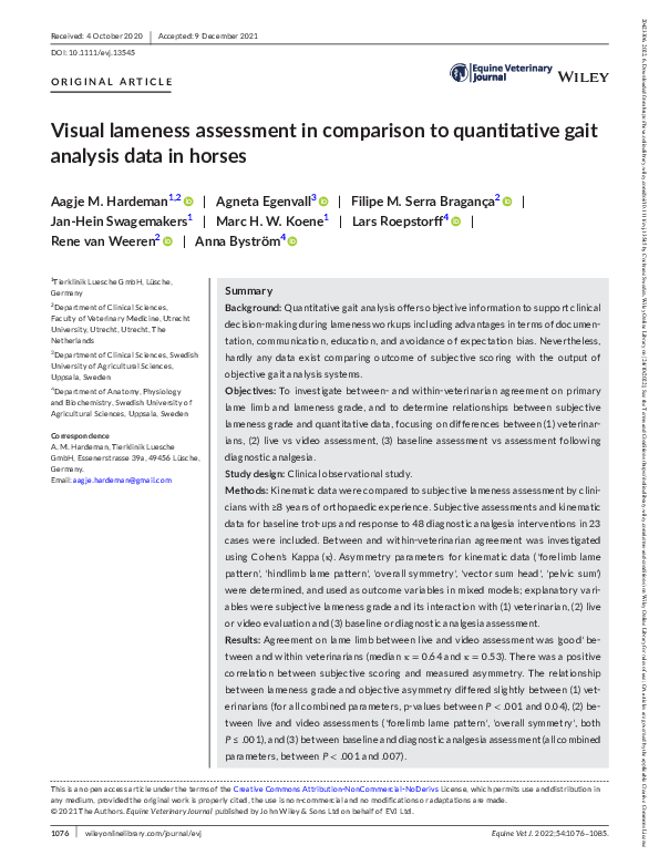 (PDF) Visual lameness assessment in comparison to quantitative gait analysis data in horses ...