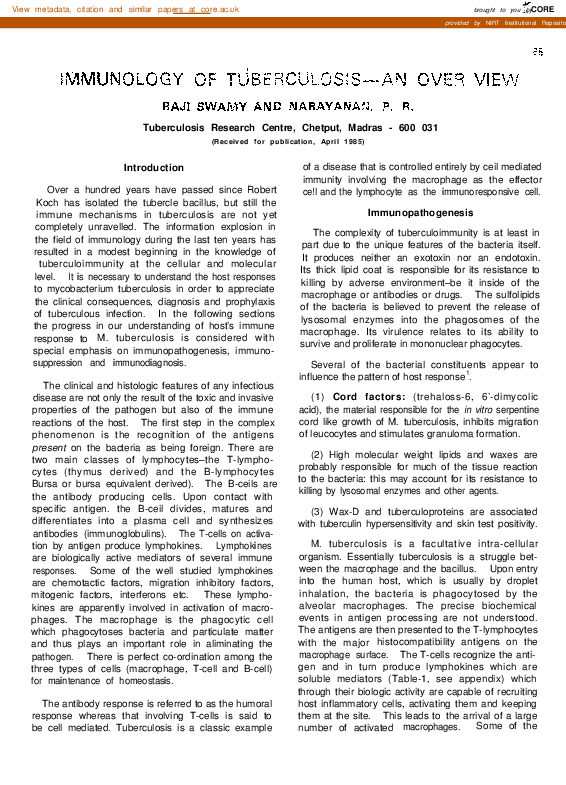 (PDF) Immunology of tuberculosis - an over view