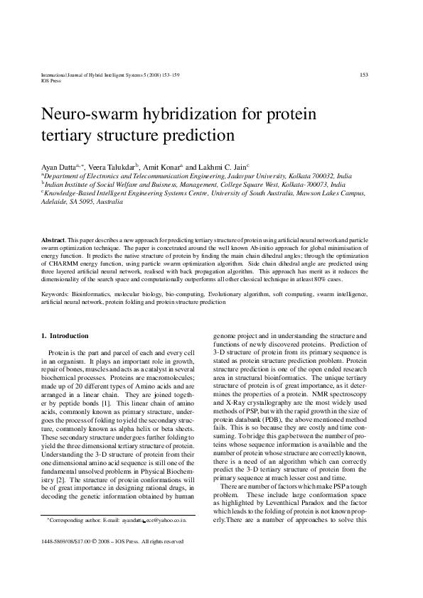 (PDF) Neuro-swarm hybridization for protein tertiary structure prediction