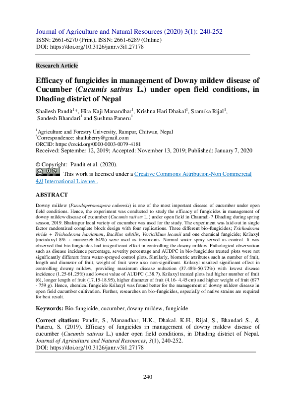 (PDF) Efficacy of fungicides in management of Downy mildew disease of Cucumber (Cucumis sativus ...