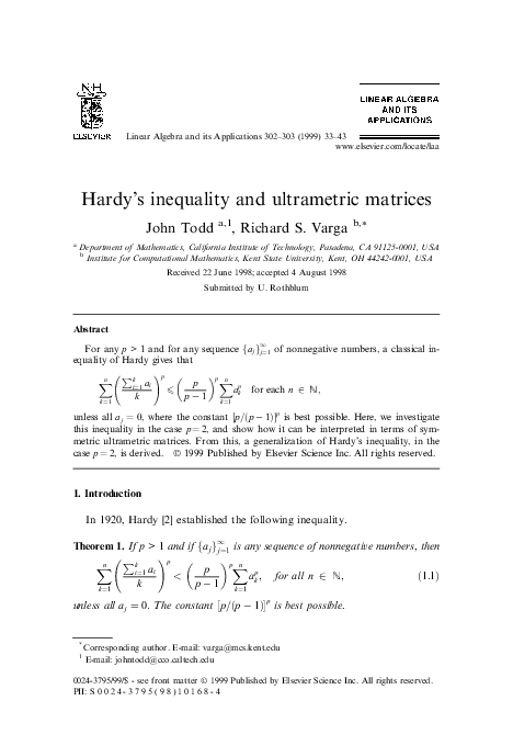(PDF) Hardy's inequality and ultrametric matrices | John Todd - Academia.edu