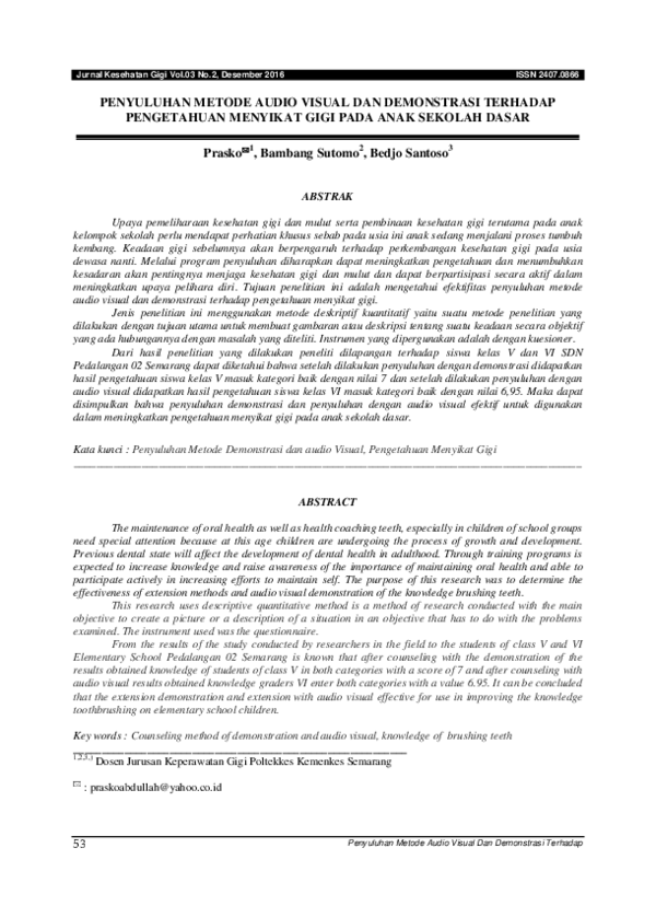 (PDF) Penyuluhan Metode Audio Visual Dan Demonstrasi Terhadap Pengetahuan Menyikat Gigi Pada ...