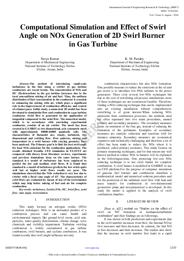 (PDF) Computational Simulation and Effect of Swirl Angle on NOx Generation of 2D Swirl Burner in ...