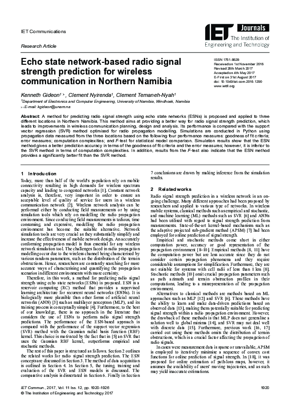 (PDF) Echo state network‐based radio signal strength prediction for ...