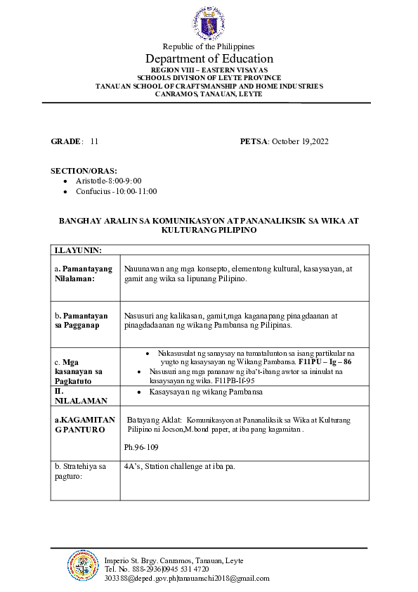 (DOC) BANGHAY ARALIN SA KOMUNIKASYON AT PANANALIKSIK SA WIKA AT ...