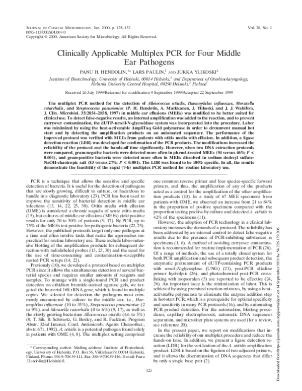 (PDF) Clinically Applicable Multiplex PCR for Four Middle Ear Pathogens