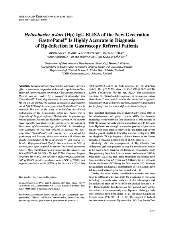 (PDF) Helicobacter pylori (Hp) IgG ELISA of the New-Generation GastroPanel® Is Highly Accurate ...