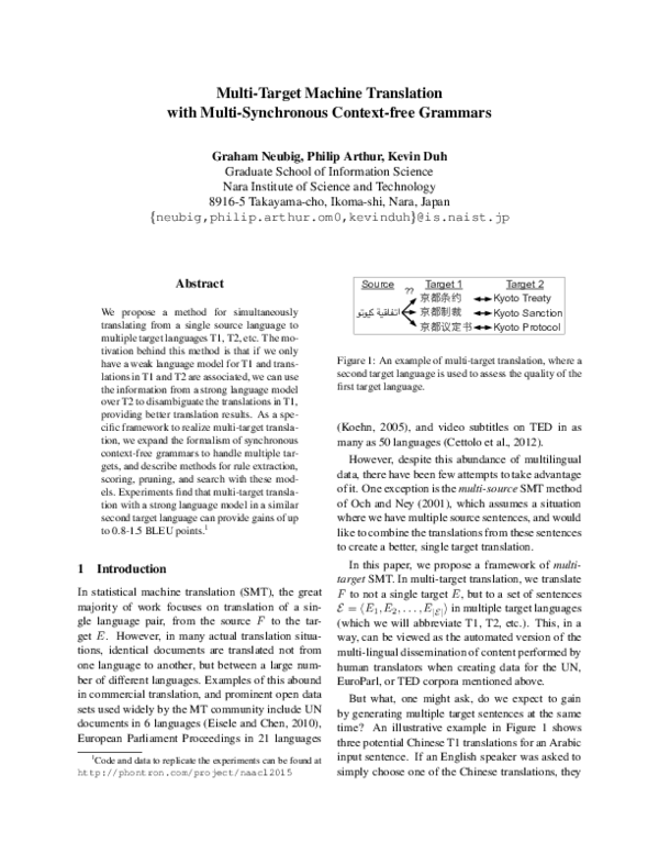Pdf Multi Target Translation Using Synchronous Context Free Grammars