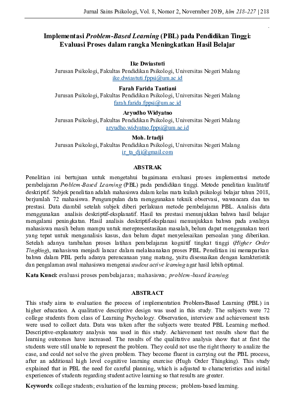 (PDF) Implementasi Problem-Based Learning (PBL) Pada Pendidikan Tinggi: Evaluasi Proses ...