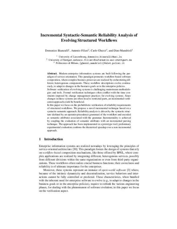 (PDF) Incremental Syntactic-Semantic Reliability Analysis of Evolving Structured Workflows