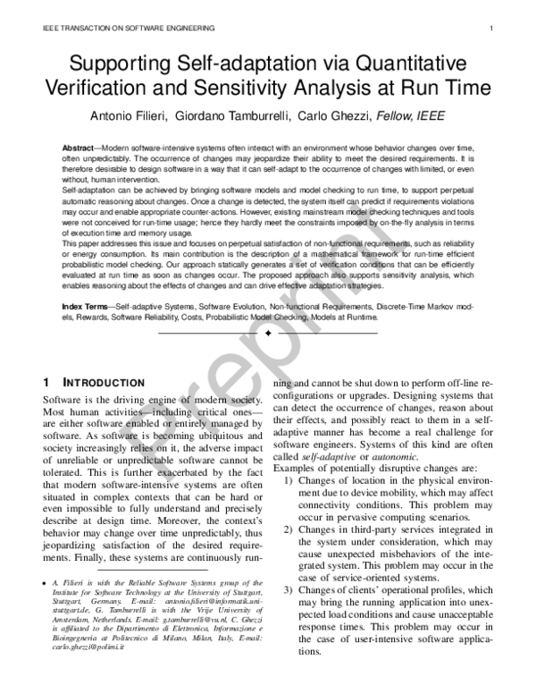 Pdf Supporting Self Adaptation Via Quantitative Verification And Sensitivity Analysis At Run Time