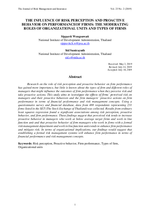 (PDF) The Influence of Risk Perception and Proactive Behavior on Performance of Firms: The ...