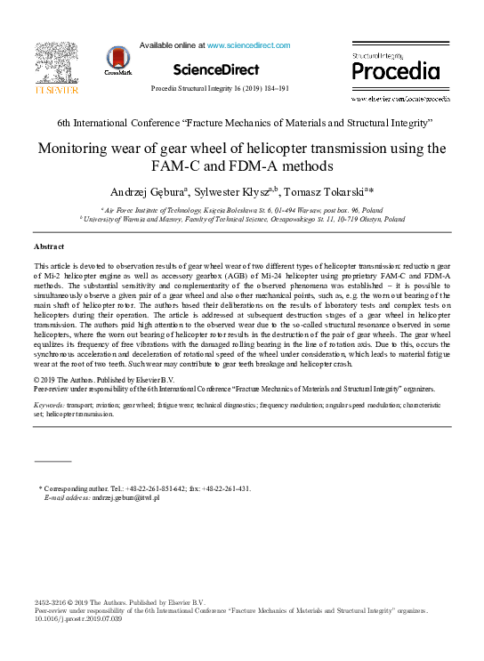 (PDF) Monitoring wear of gear wheel of helicopter transmission using ...