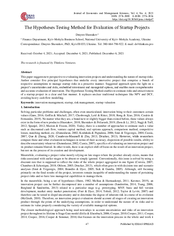 (PDF) The Hypotheses Testing Method for Evaluation of Startup Projects
