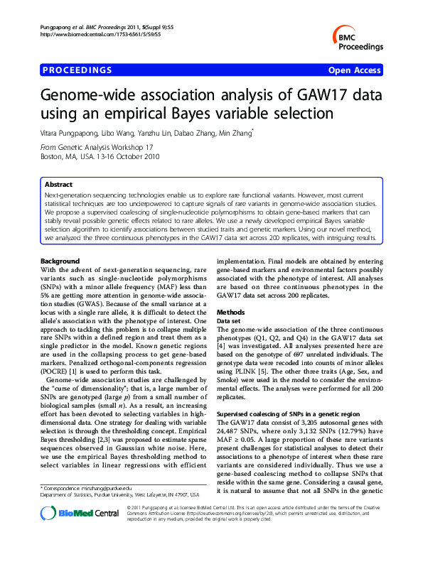 Pdf Genome Wide Association Analysis Of Gaw17 Data Using An Empirical Bayes Variable Selection