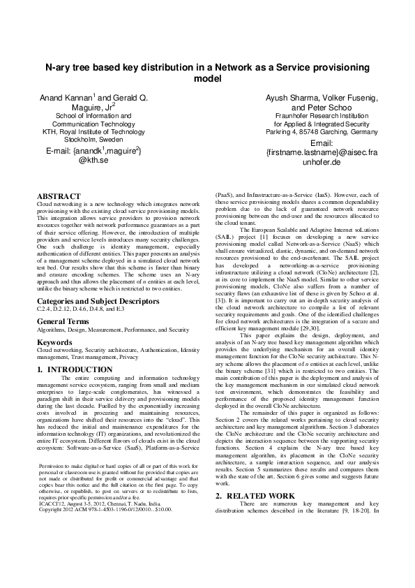 Pdf N Ary Tree Based Key Distribution In A Network As A Service Provisioning Model