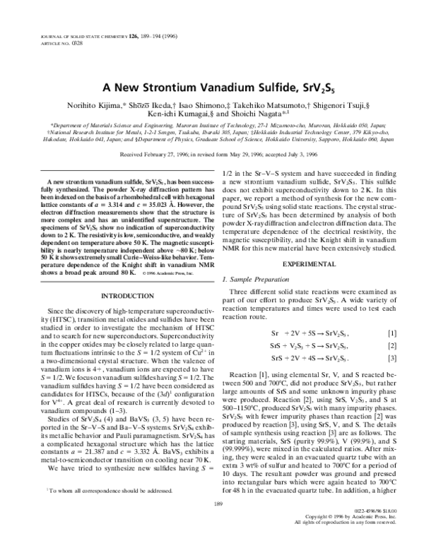 (PDF) A New Strontium Vanadium Sulfide, SrV2S5 | Shigenori Tsuji - Academia.edu